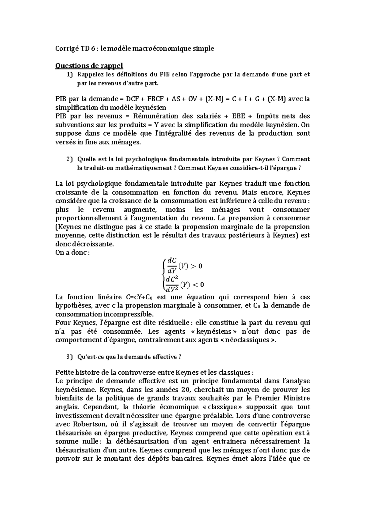 Exo analyse eco - Corrigé TD 6 : le modèle macroéconomique simple Questions de rappel 1 ...