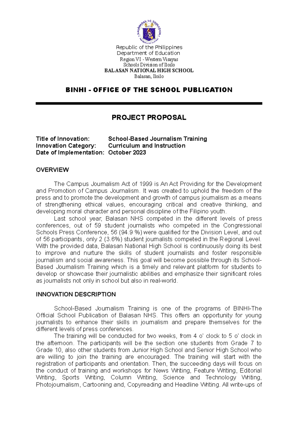 Project Proposal - Republic of the Philippines Department of Education ...