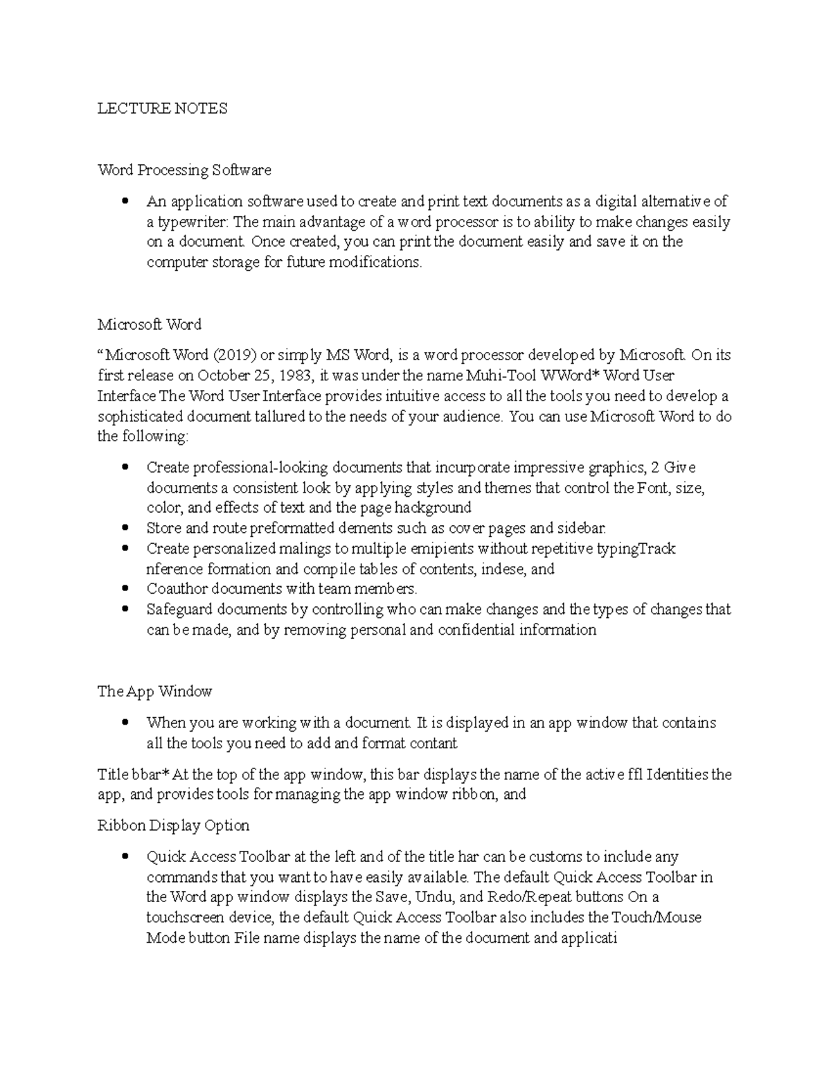 Summary 6 - notes - LECTURE NOTES Word Processing Software An ...