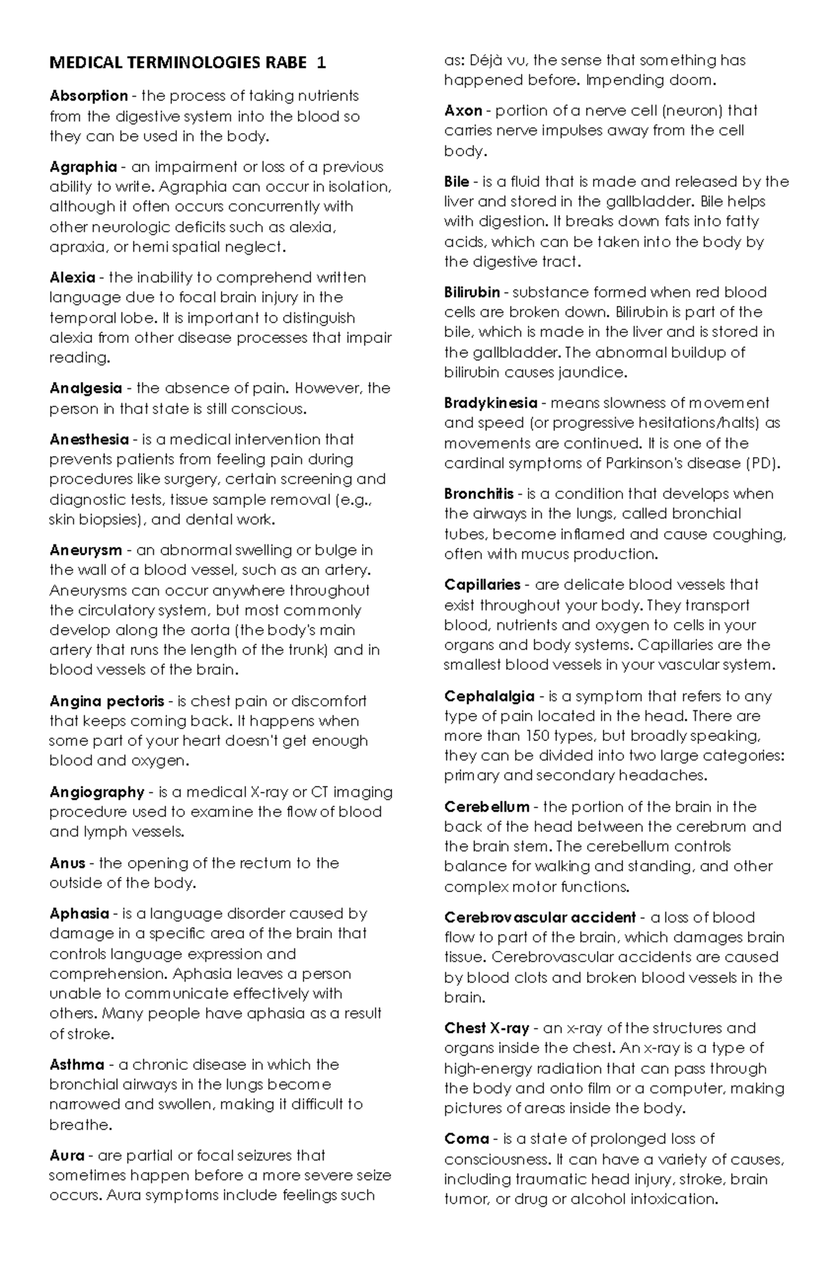 Medical Terminologies RABE 1 - MEDICAL TERMINOLOGIES RABE 1 Absorption ...