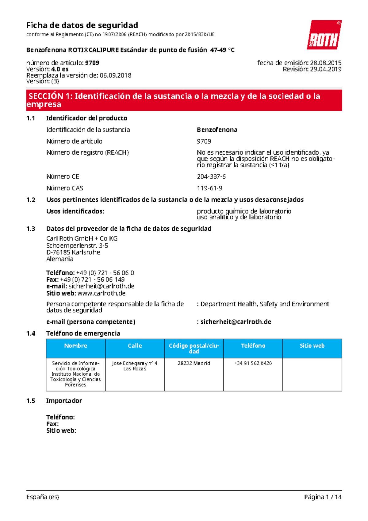 hoja de seguridad de la benzofenonaBenzofenona correspondiente a la ...