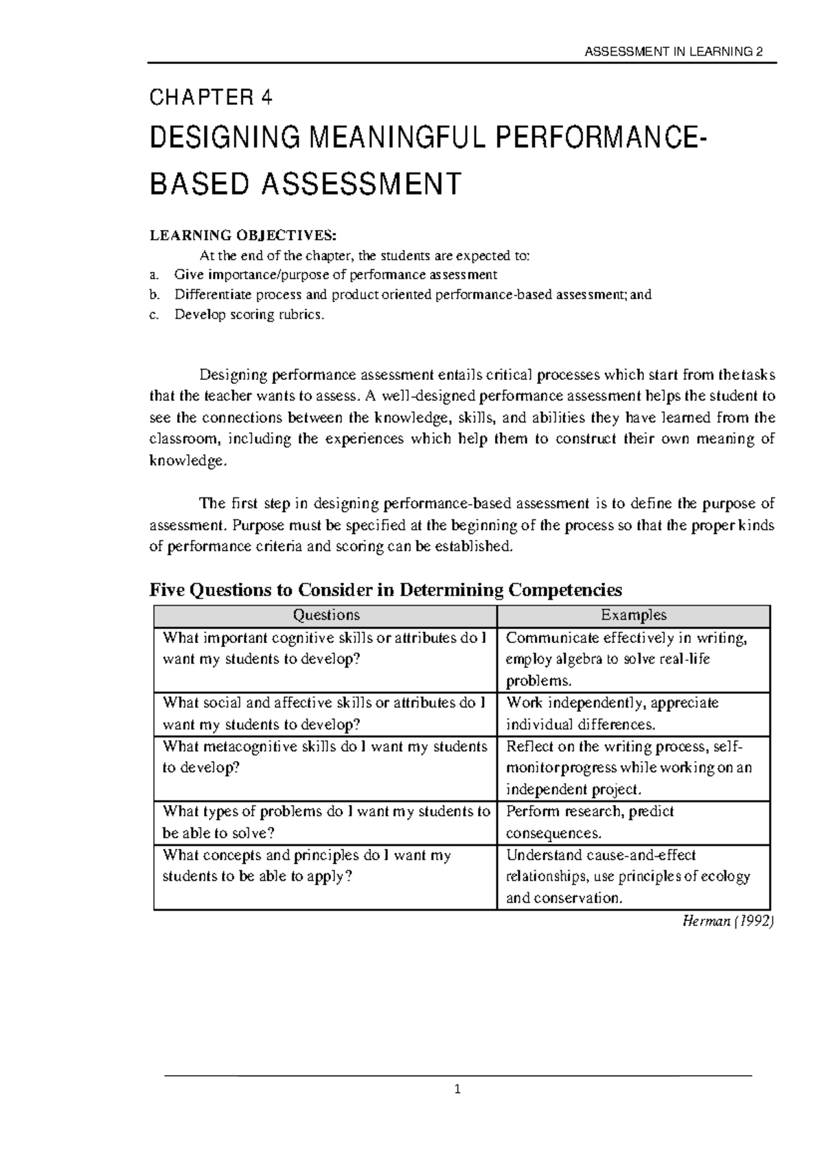 Chapter 4 - CHAPTER 4 DESIGNING MEANINGFUL PERFORMANCE- BASED ...