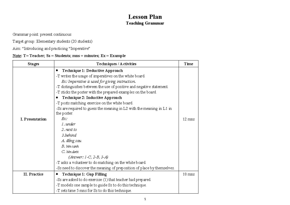 Teaching Grammar - Lesson Plan Teaching Grammar Grammar point: present ...