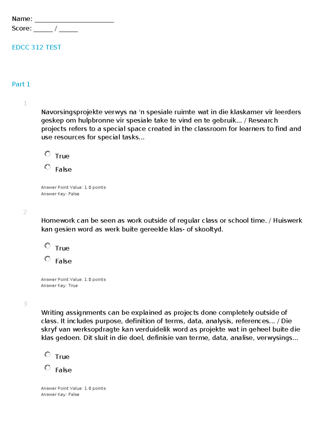 EDCC 312 Test1 Toets 1 MEMO - Name: _________________________ Score ...