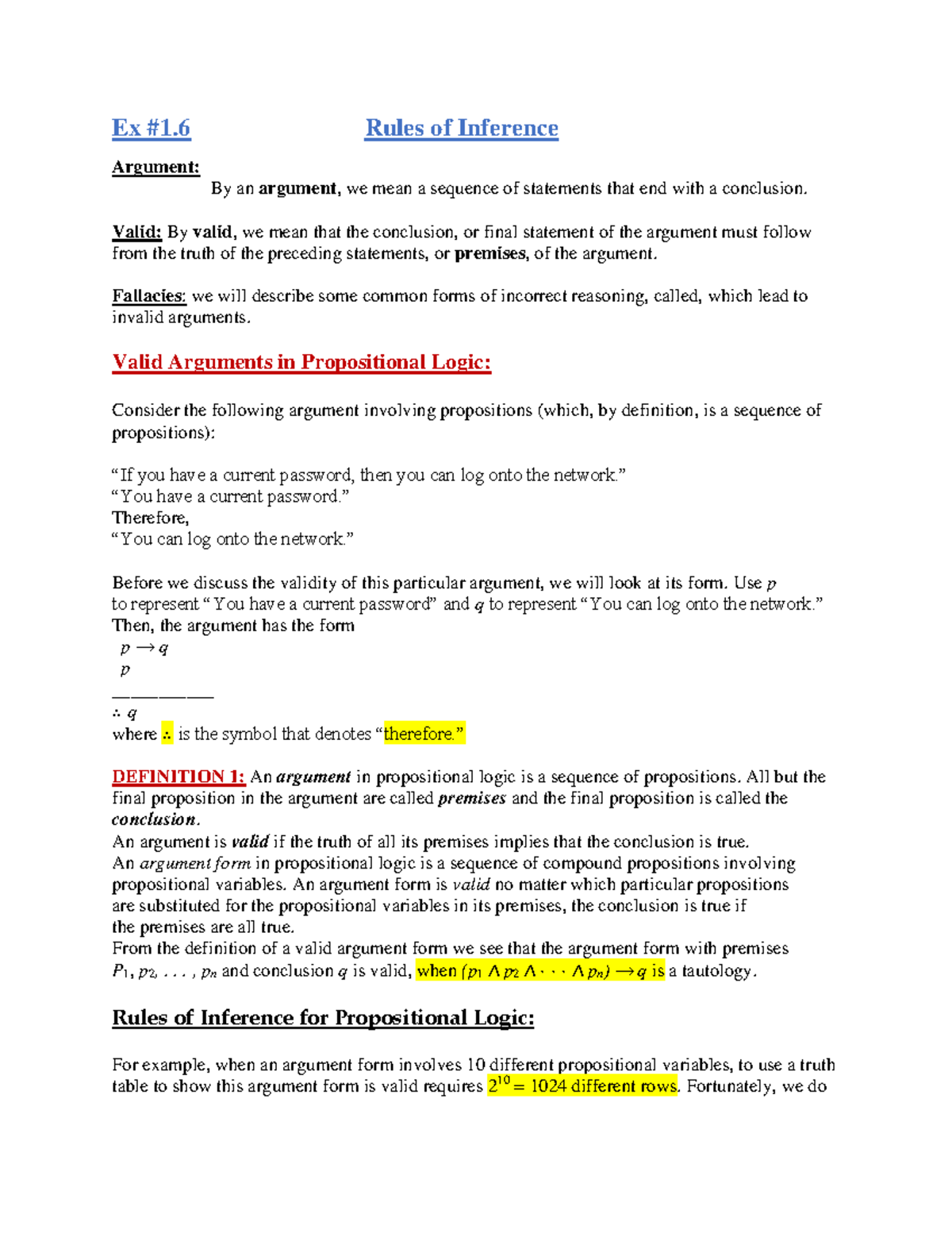 Rules of Inferences, Discrete Structure - Ex #1 Rules of Inference Argument: By an argument, we ...