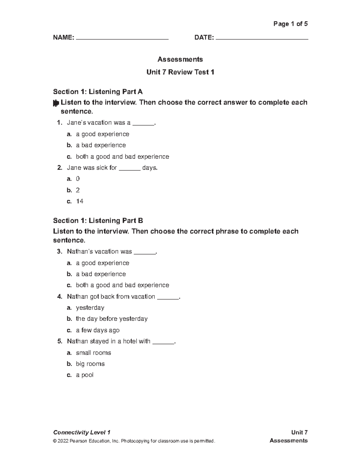 Past tense exam for basic 7 students - NAME: DATE: Connectivity Level 1 ...