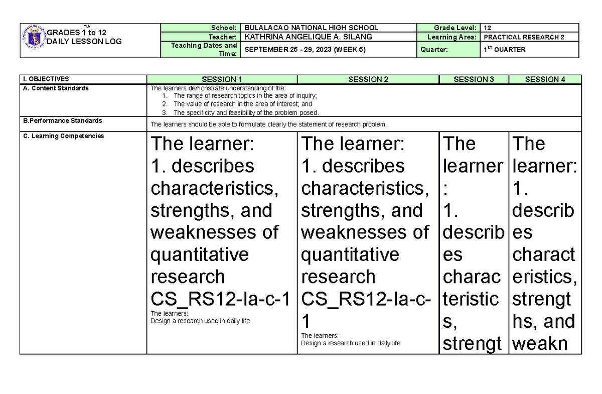 DLL PR2 Q1 W5 - Reality Based Daily Lesson Log in Practical Research 2 Week 5 - Yl,l/ GRADES 1 ...