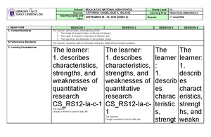 DLL PR2 Q1 W1 - Realistic Daily Lesson Log in Practical Research 2 Week ...
