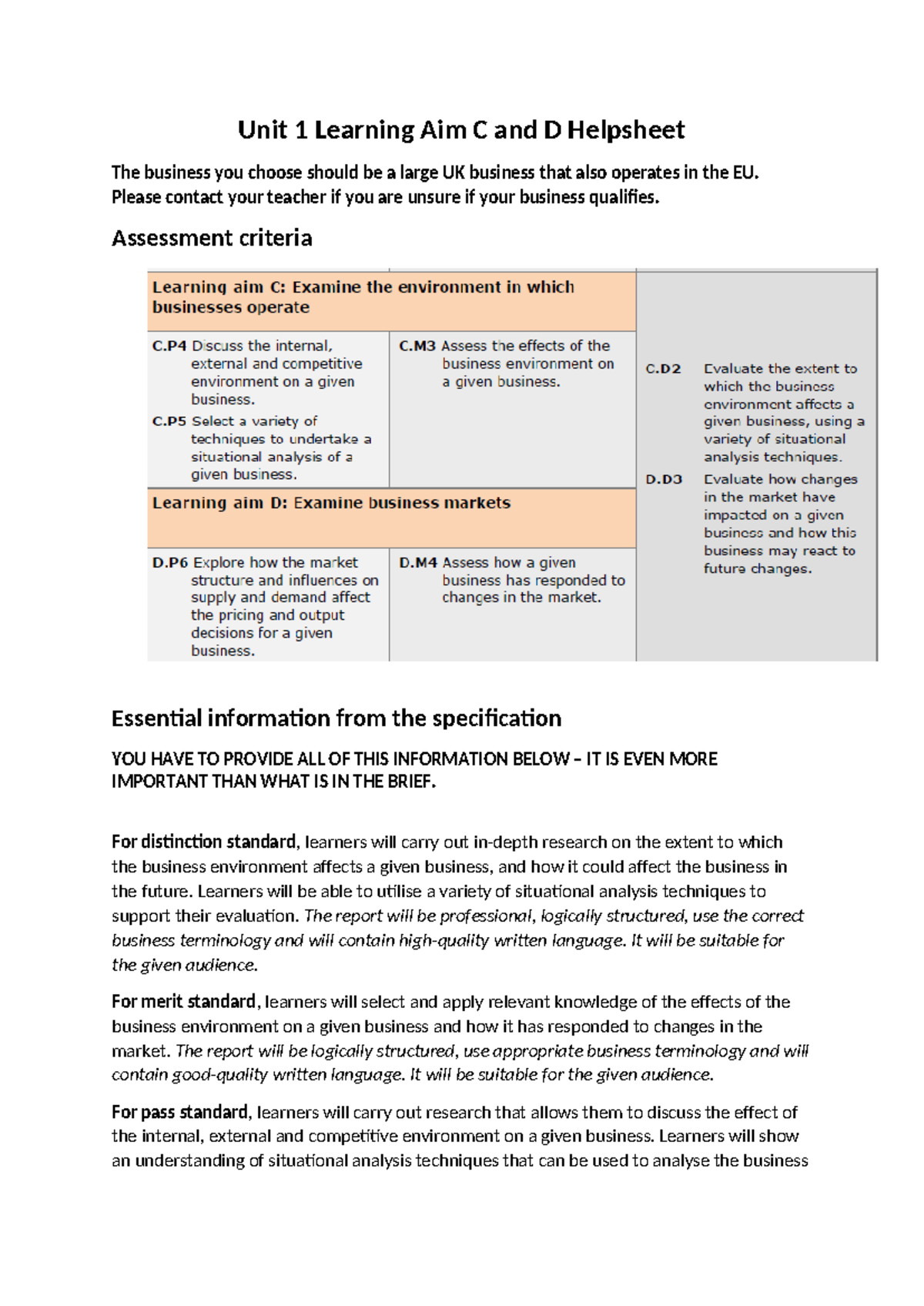 23-24 Unit 1 LA CD Helpsheet - Unit 1 Learning Aim C and D Helpsheet ...