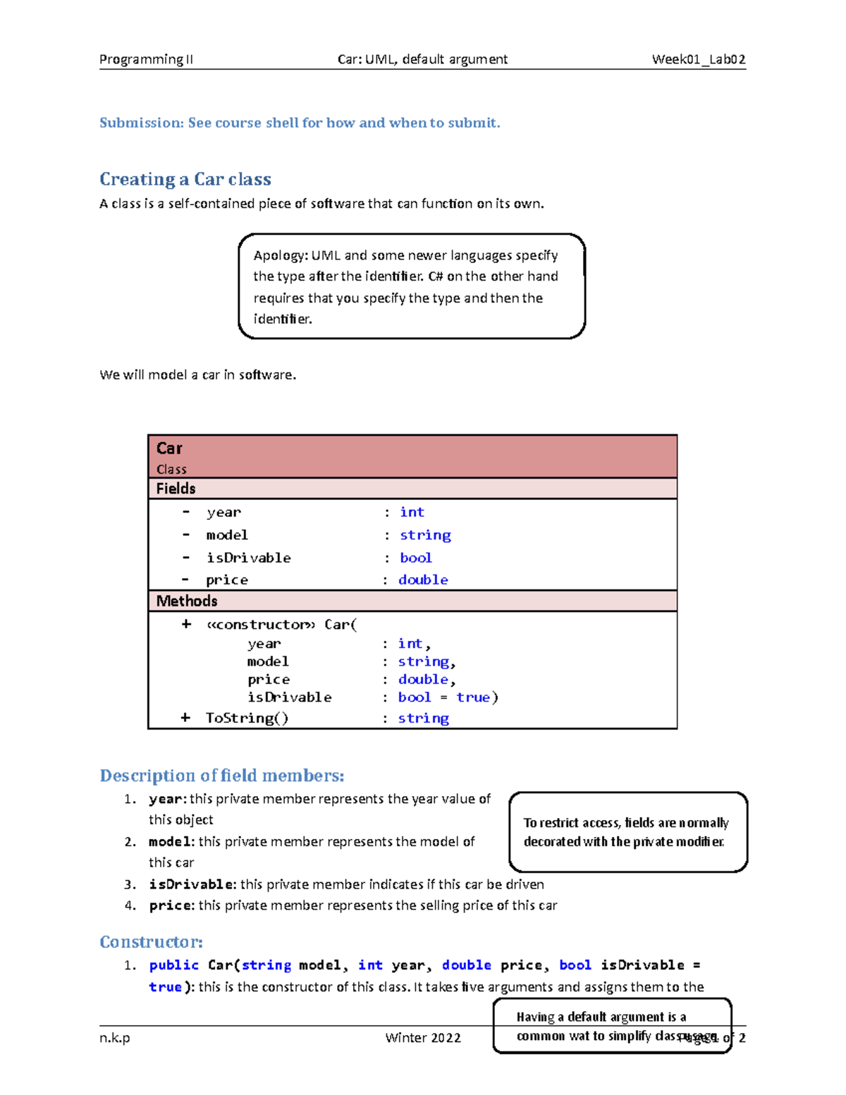 Week 01 lab 02 Cars W - Creating a Car class - Programming II Car: UML, default argument Week01 ...