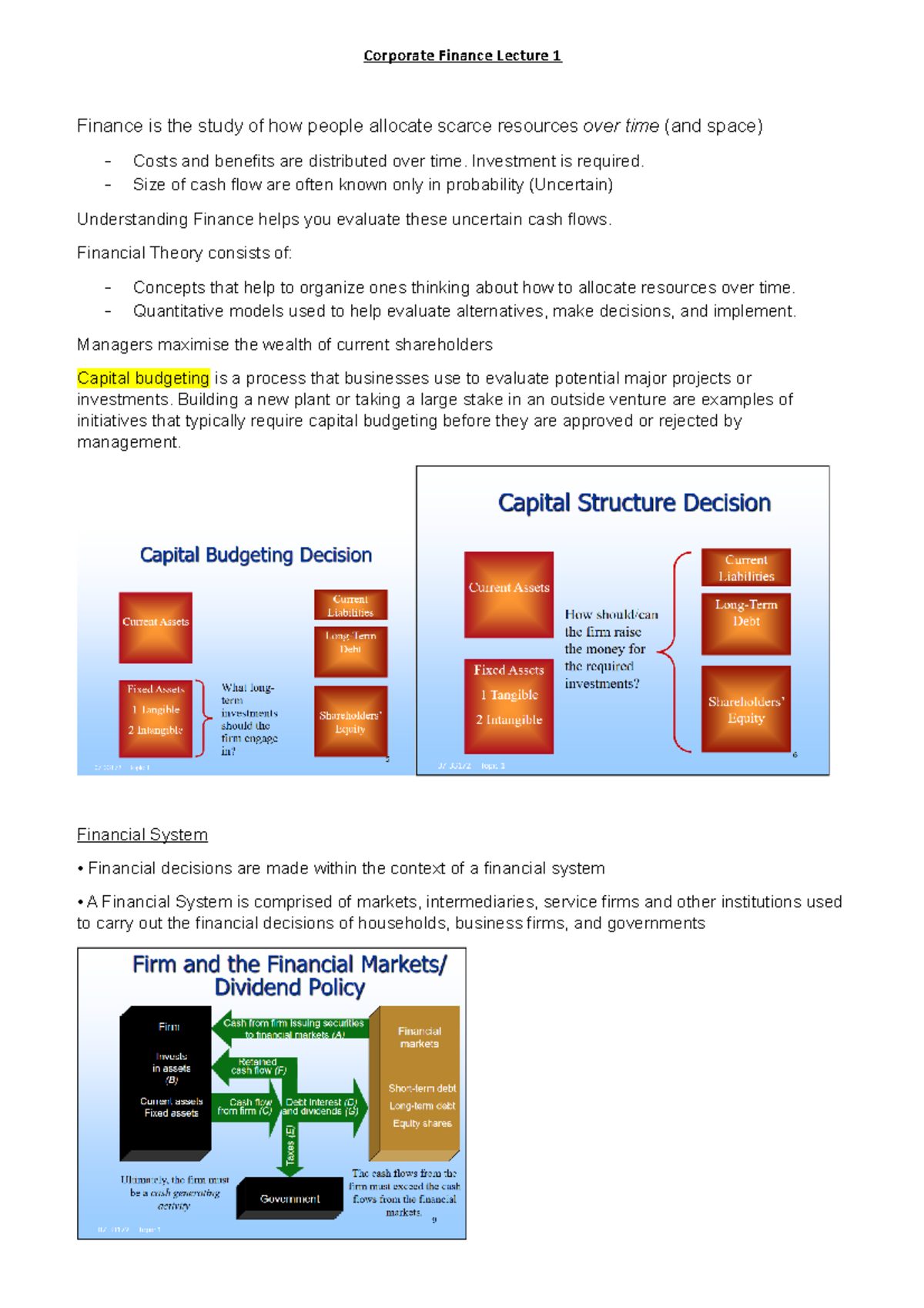 Corporate Finance Lecture 1 - Investment is required. - Size of cash ...
