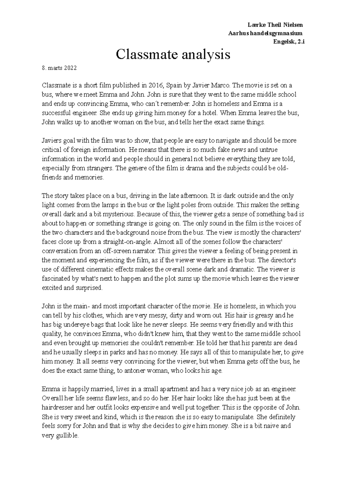 Classmate analysis - Lærke Theil Nielsen Aarhus handelsgymnasium ...