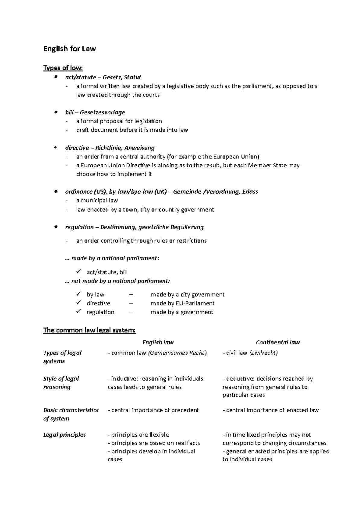 English for Law - English for Law Types of low: act/statute – Gesetz ...