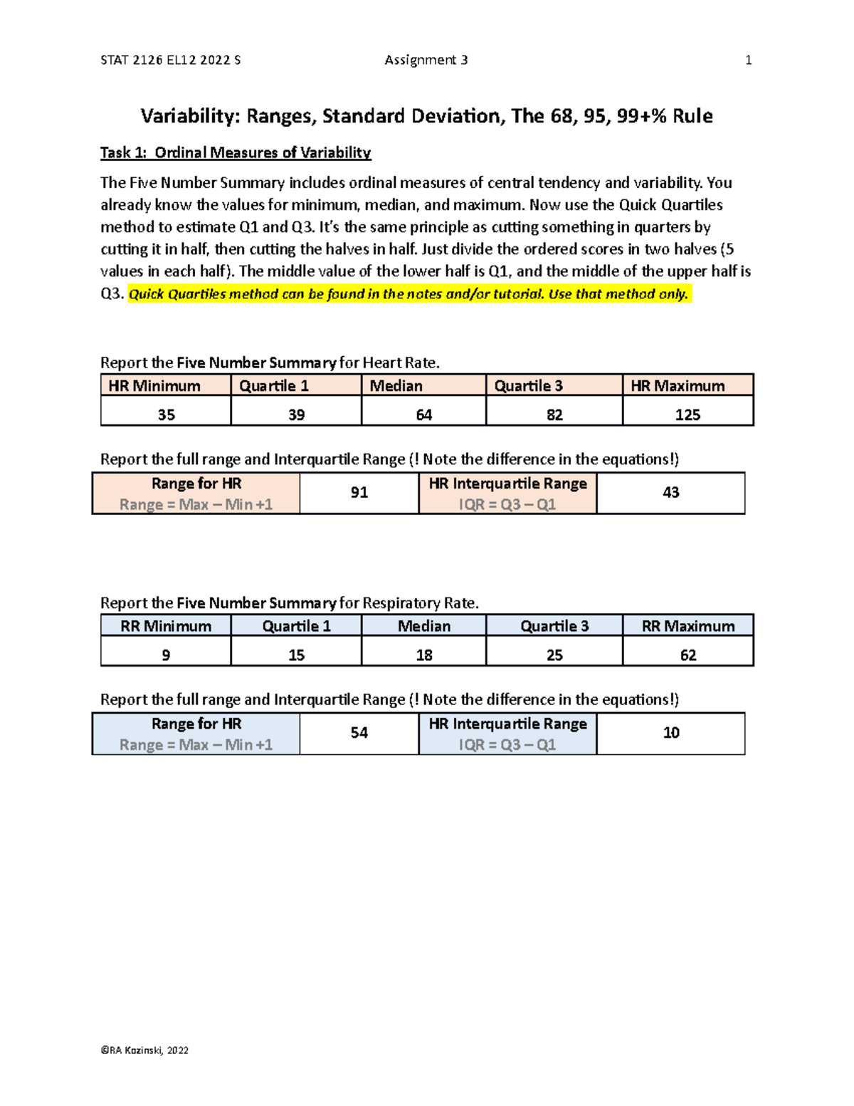 A3 Variability - Assignment 3 Overview - Variability: Ranges, Standard ...