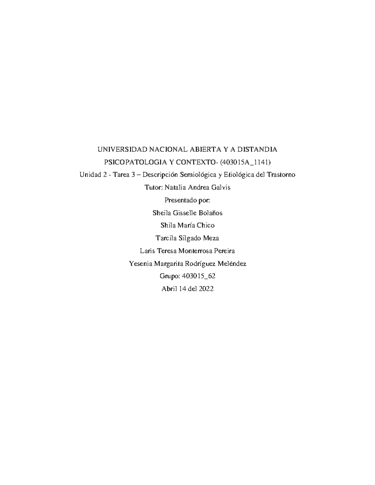 Unidad 2 - Tarea 3 – Descripción Semiológica y Etiológica del Trastorno - Psicopatología y ...