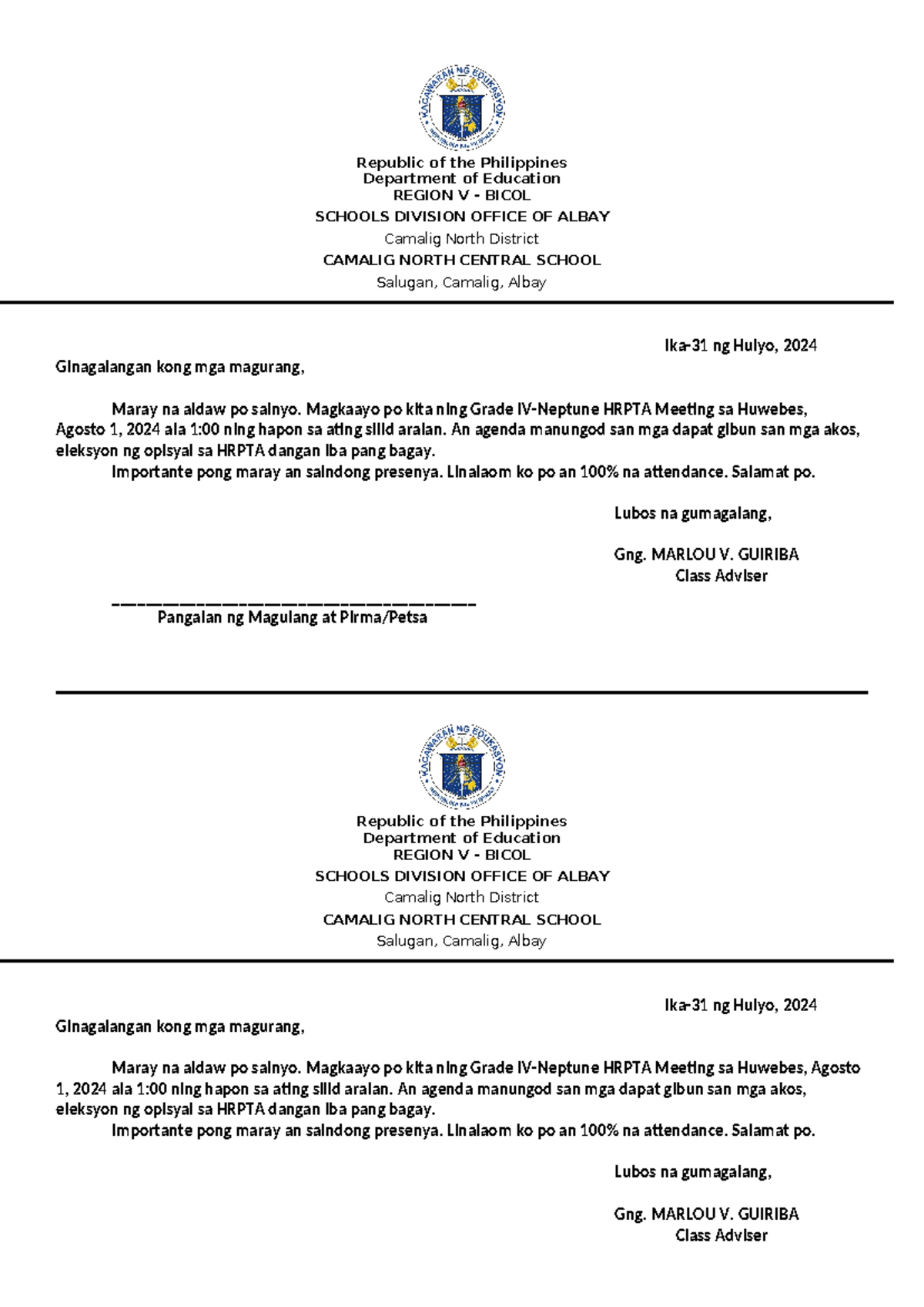 Letter- Hrpta-Meeting - Republic of the Philippines Department of ...