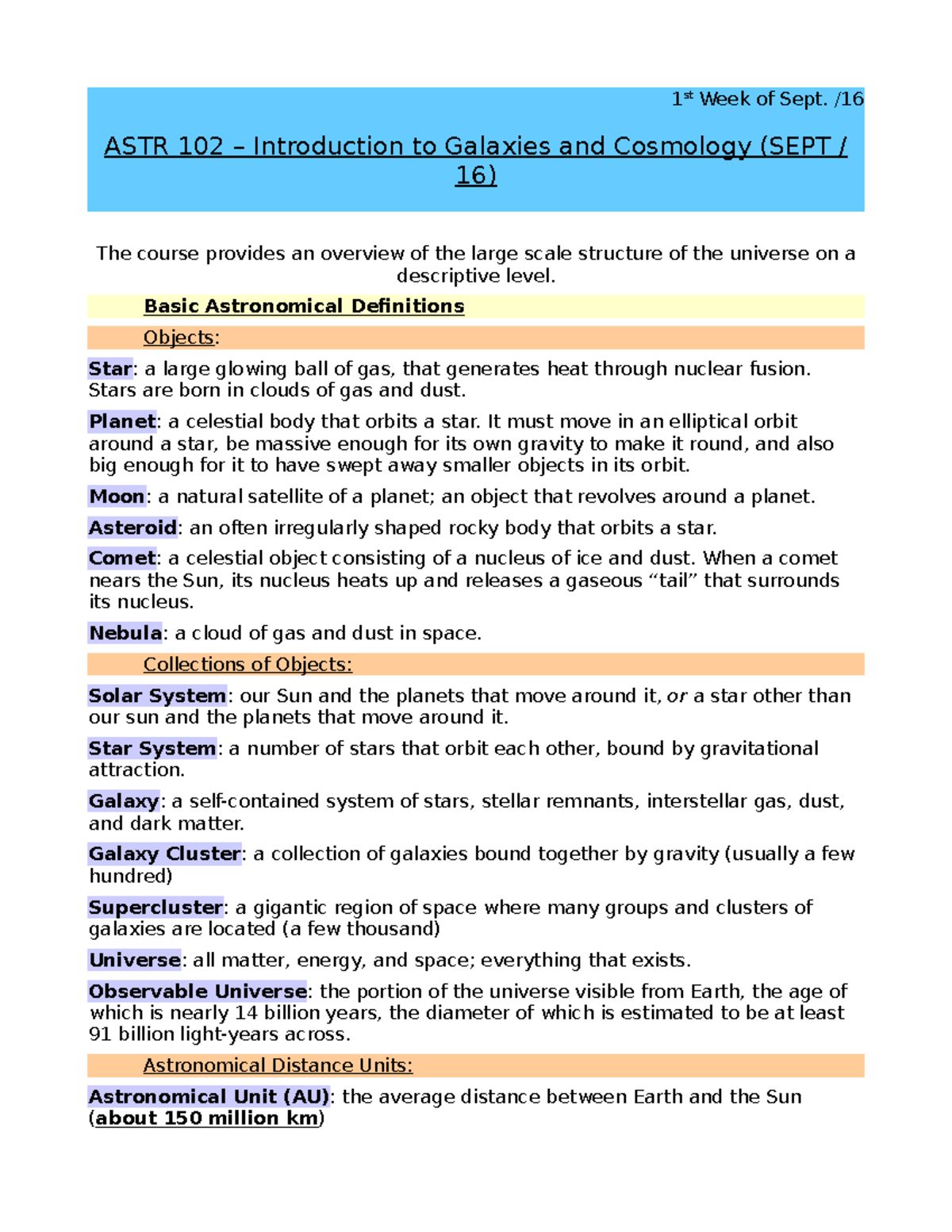 Astro Notes Term 1 - 1 st Week of Sept. / ASTR 102 – Introduction to ...