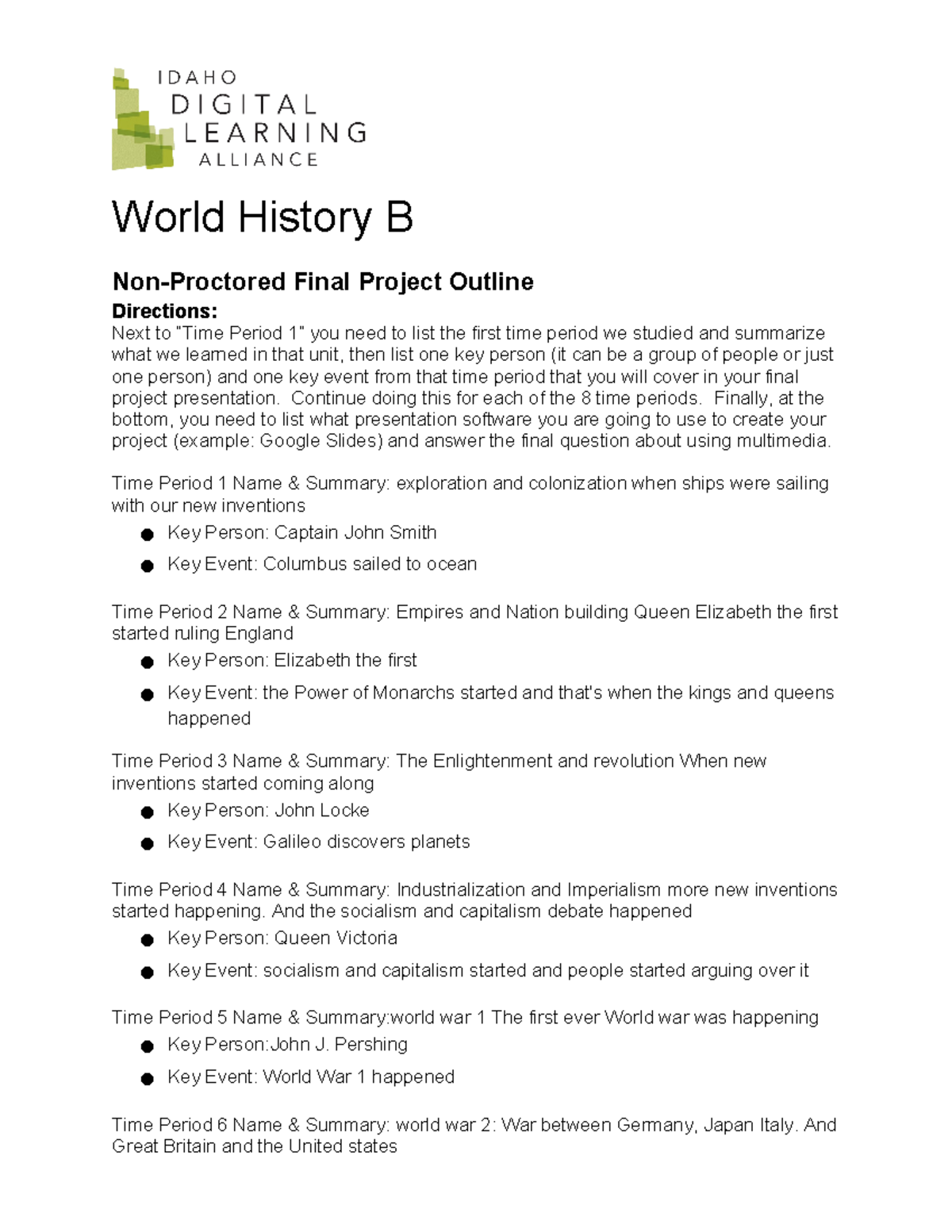 World History Nonproctored Final Project Outline - World History B Non ...