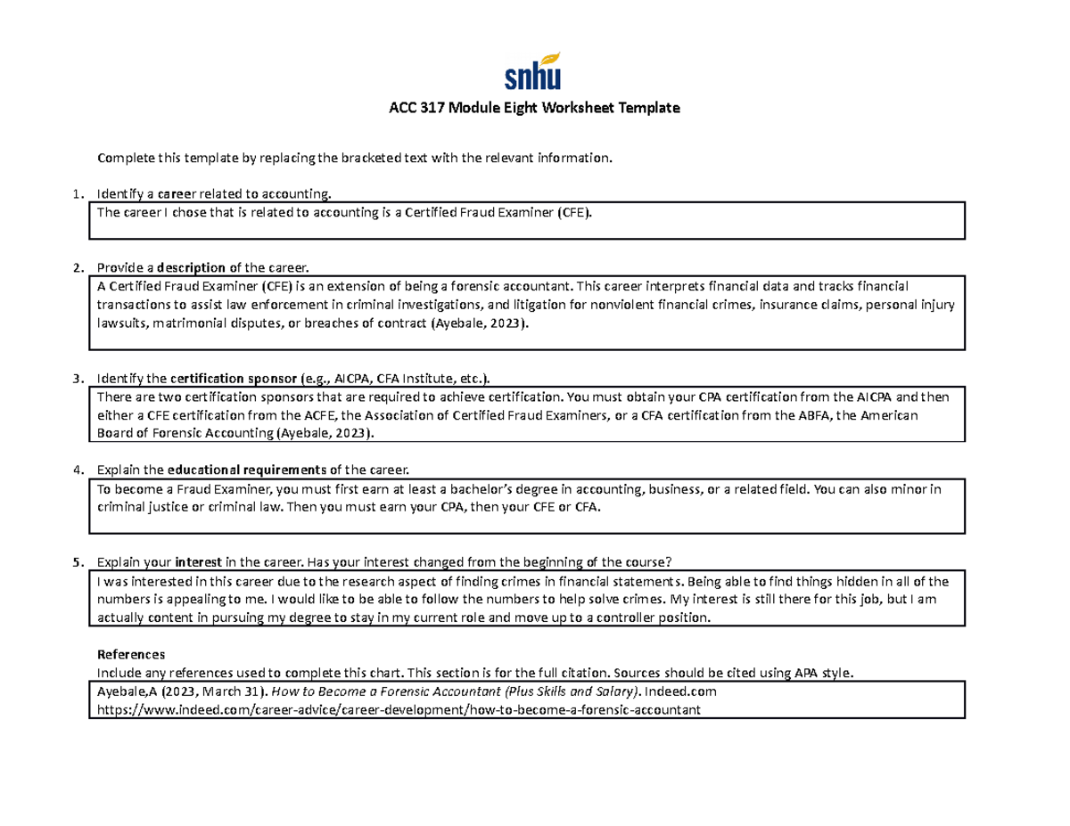 ACC 317 Module Eight Worksheet - Identify a career related to ...