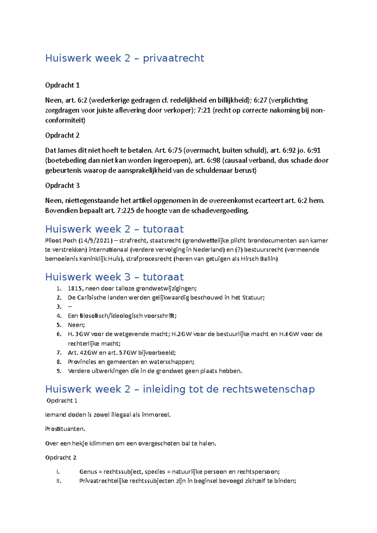 Huiswerk Inleiding tot de rechtswetenschap week 2 tot en met 13 ...