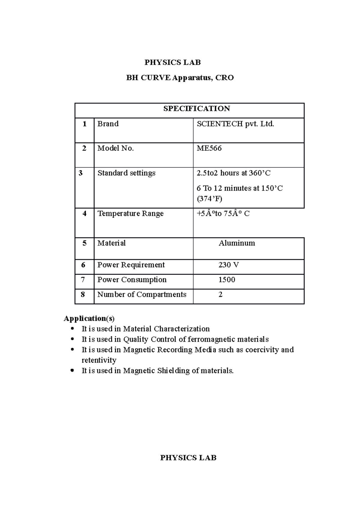 Physics lab specifications - BH CURVE Apparatus, CRO SPECIFICATION 1 ...