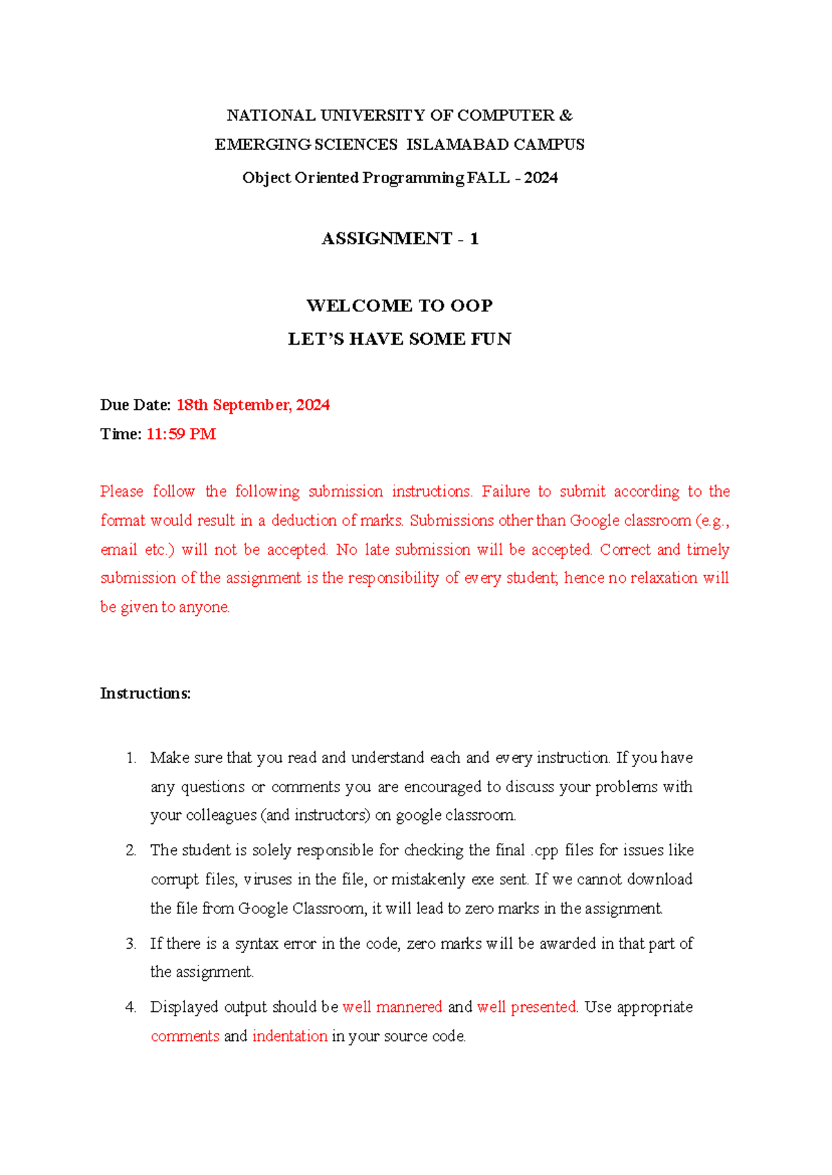 OOP FALL 2024 Assignment 01 - NATIONAL UNIVERSITY OF COMPUTER & EMERGING SCIENCES ISLAMABAD ...