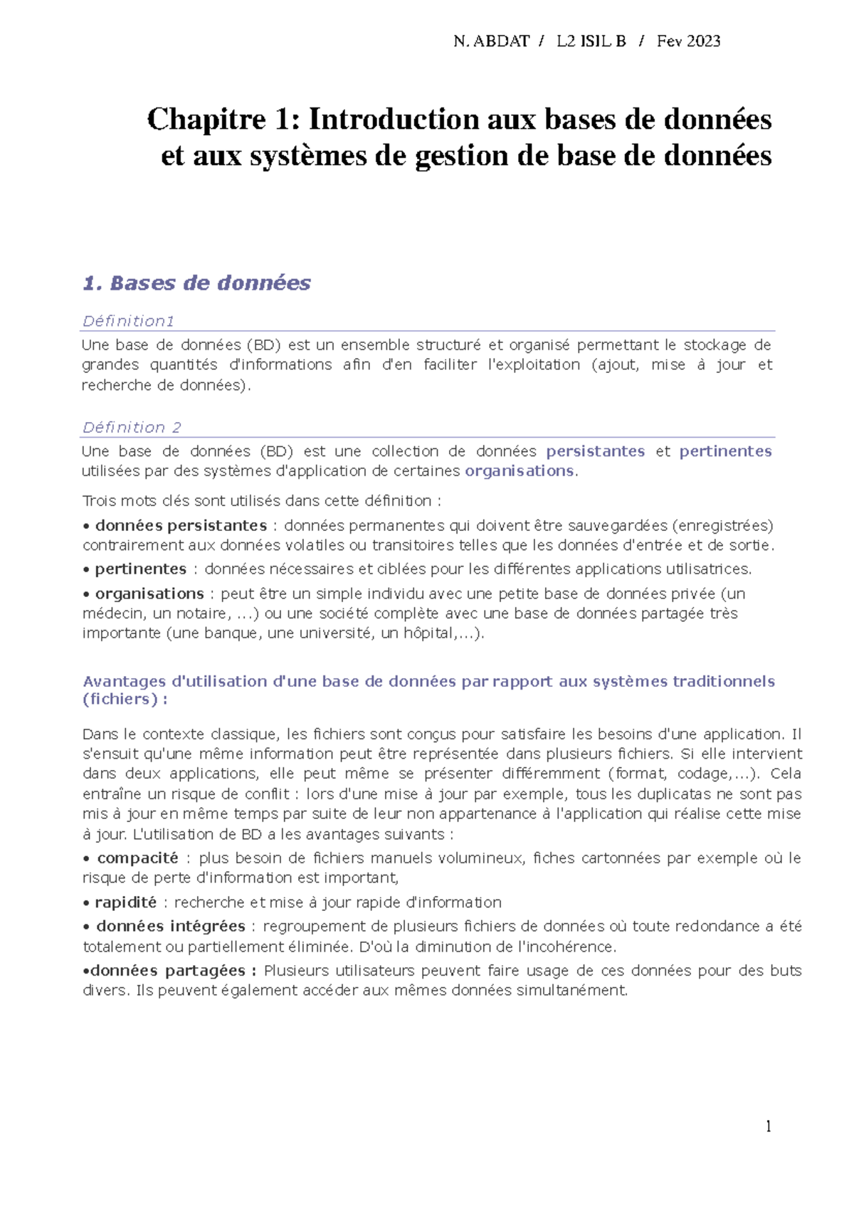 Chapitre 1 - SYSTEME - Chapitre 1: Introduction aux bases de données et aux systèmes de gestion ...