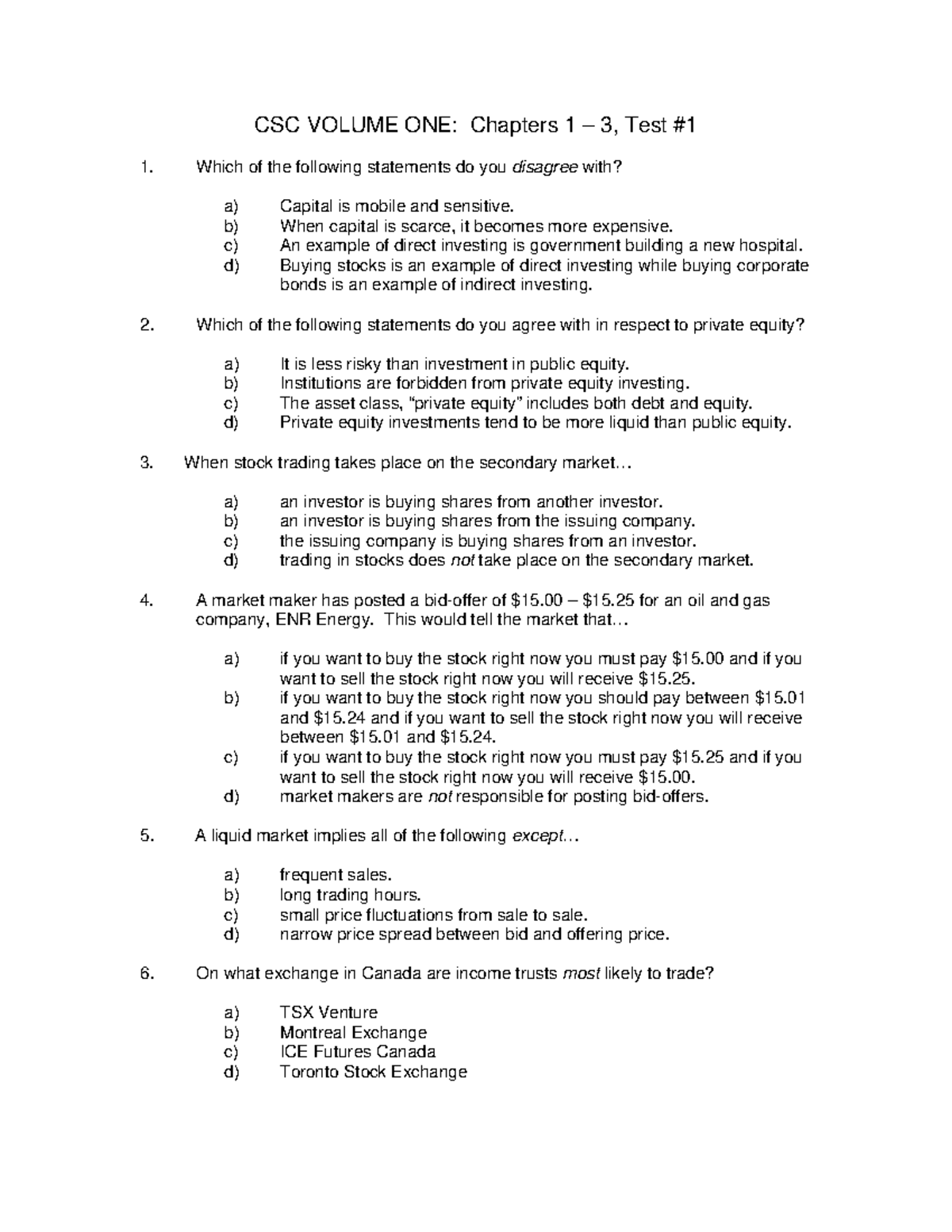 Canadian Securities Course Volume One Supplemental Questions - CSC ...