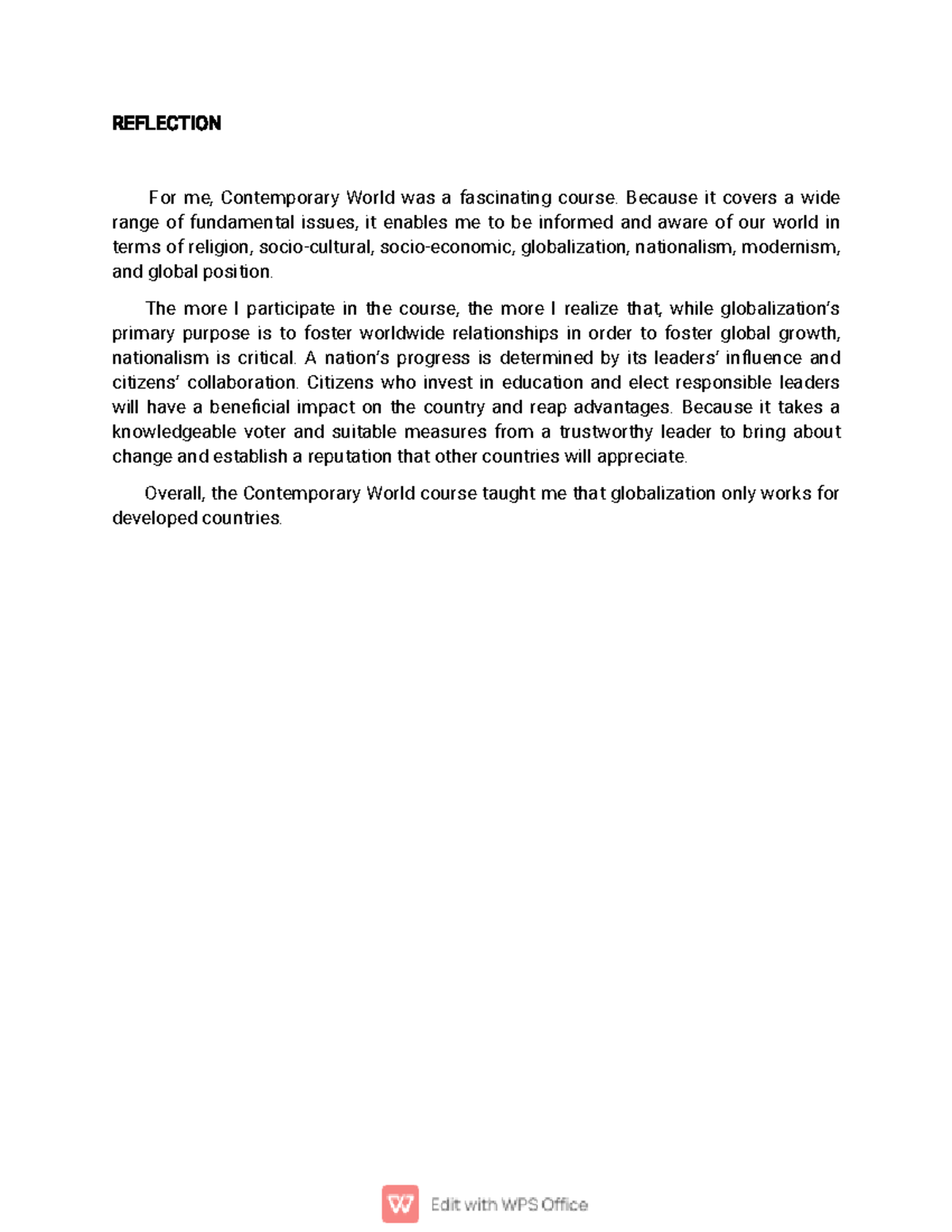 Document (18) essay - REFLECTION For me, Contemporary World was a ...