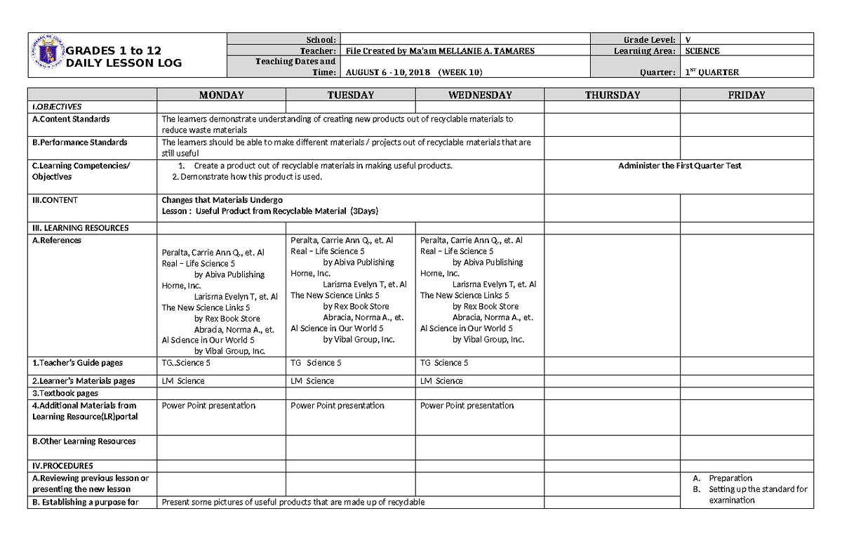 DLL Science 5 Q1 W10 - DLL QUARTER 1 WEEK 10 - GRADES 1 to 12 DAILY ...