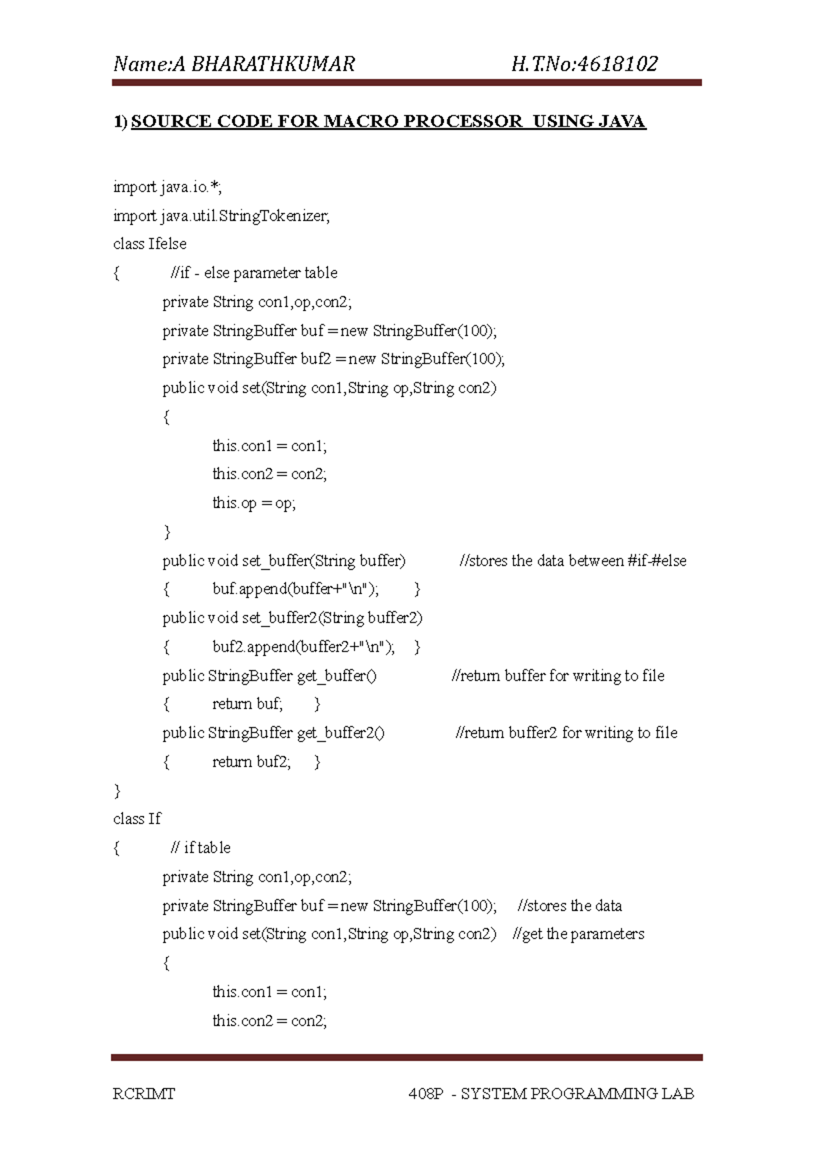 408P - System Programming LAB Print outs - 1)SOURCE CODE FOR MACRO ...