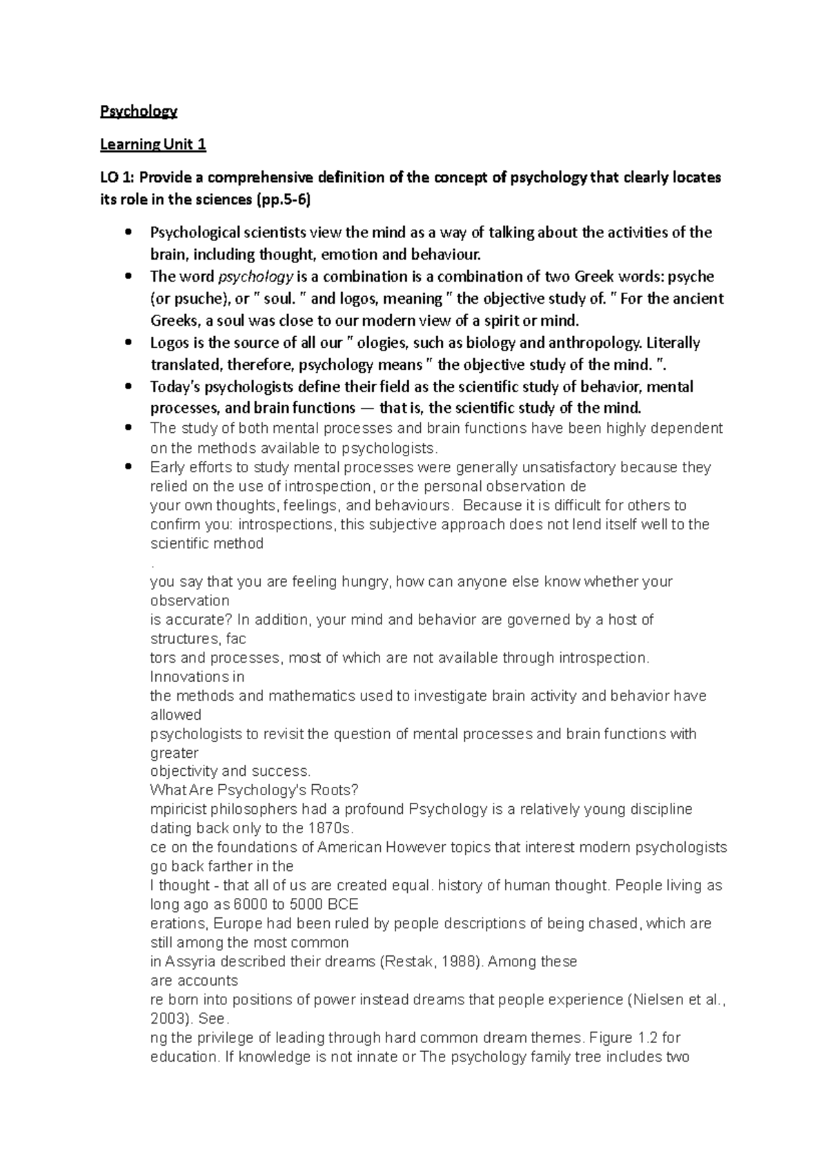 Psychology - notes - Psychology Learning Unit 1 LO 1: Provide a ...
