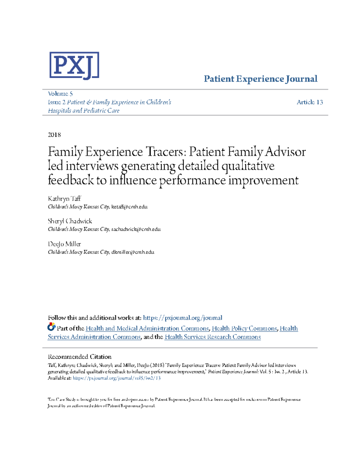 Artículo Family Experience Tracers - Patient Experience Journal Volume ...