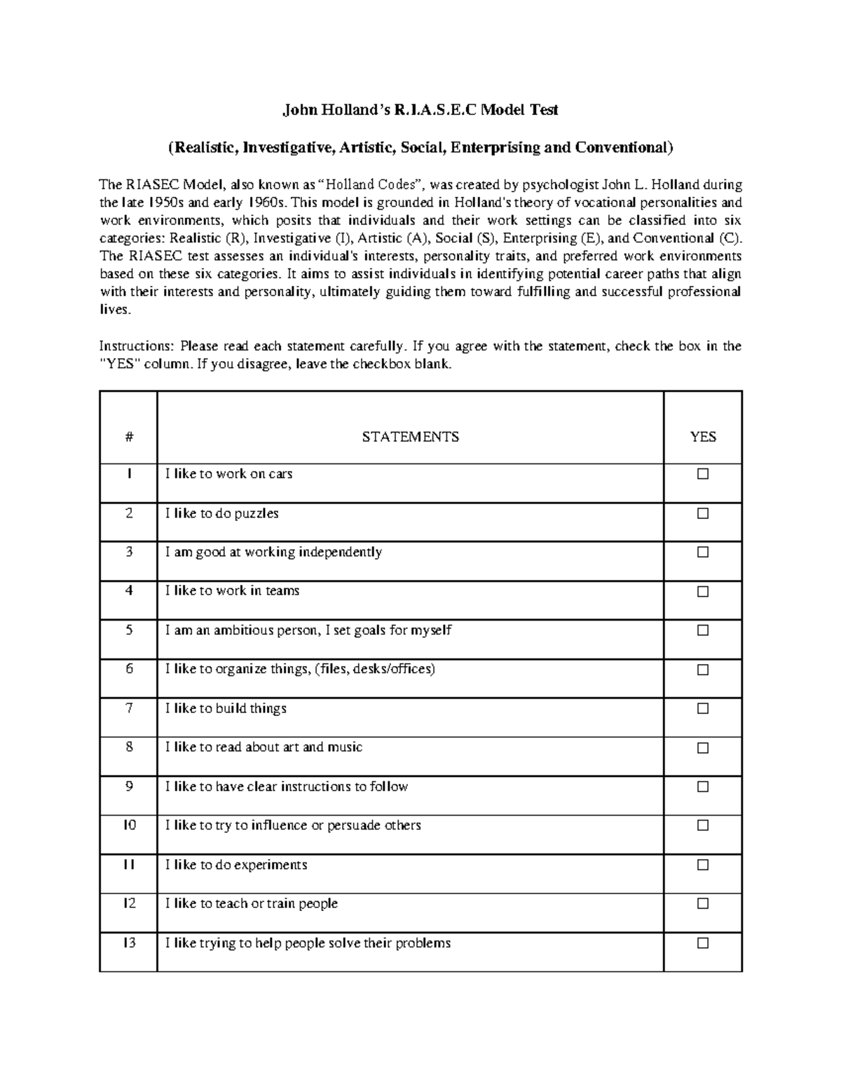 John Holland's Riasec Test - John Holland’s R.I.A.S.E Model Test ...