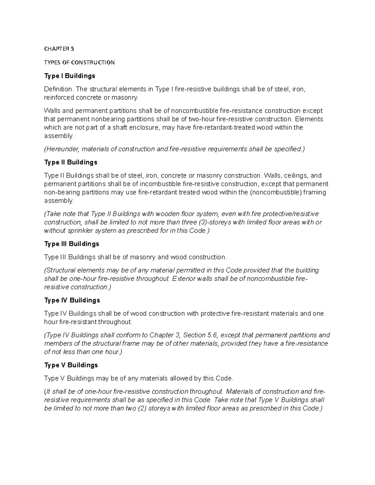 Architectural CODE - CHAPTER 5 TYPES OF CONSTRUCTION Type I Buildings ...