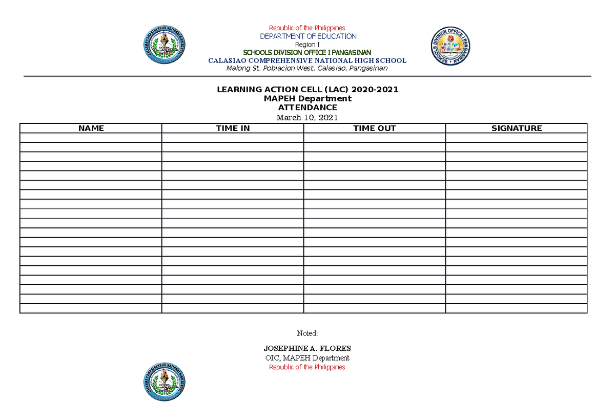 LAC Attendance for Public School Teachers - Republic of the Philippines ...