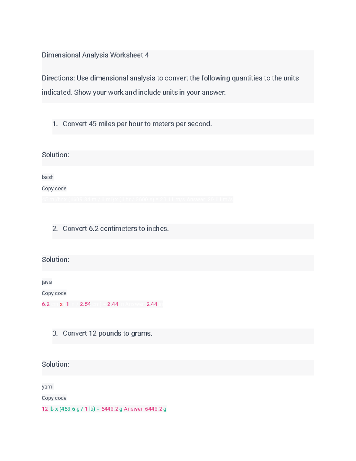 Dimensional Analysis Worksheet - Show your work and include units in ...