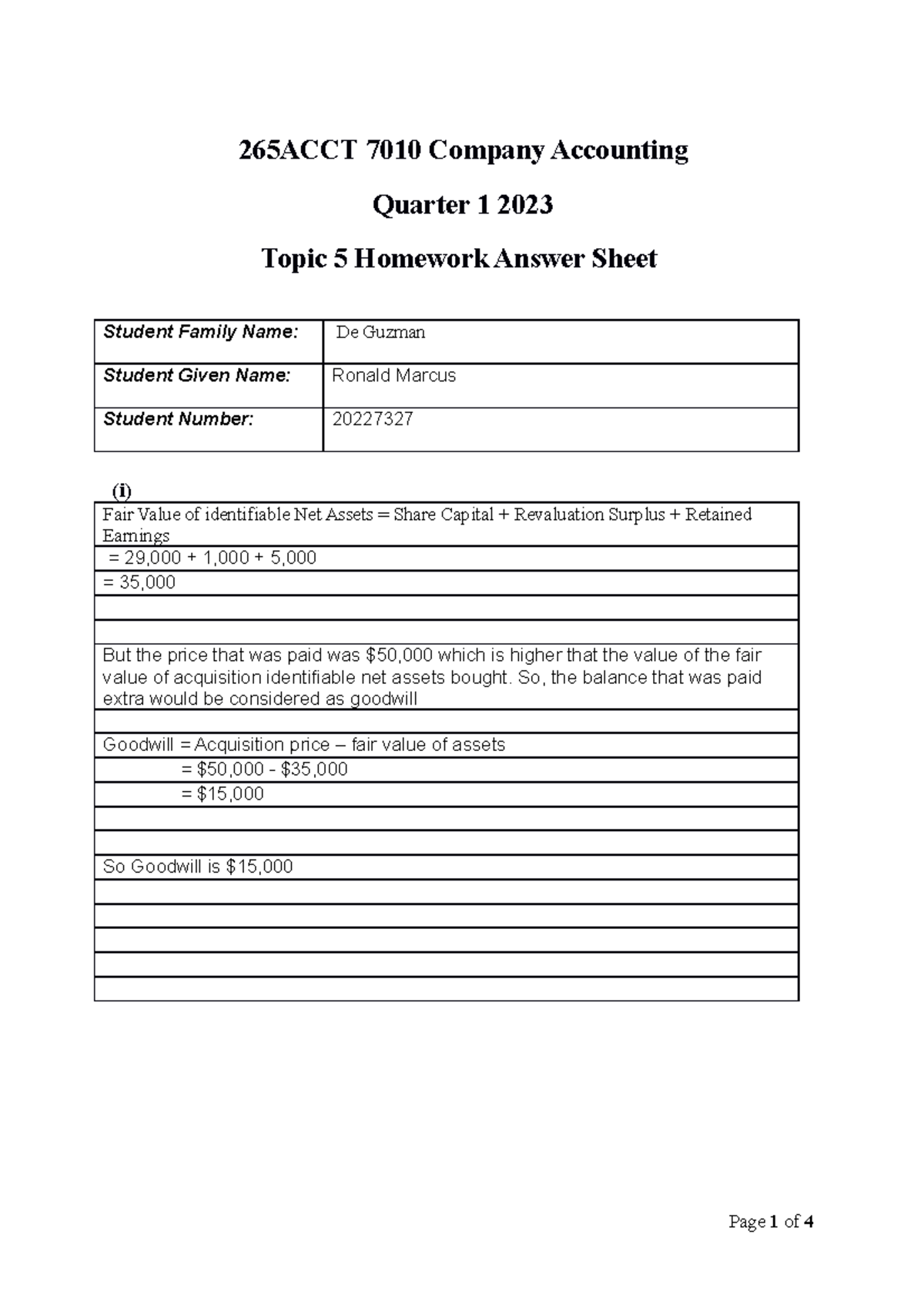 ACCT 7010 Company Accounting Week 4 HW Answer Sheet - 265ACCT 7010 ...
