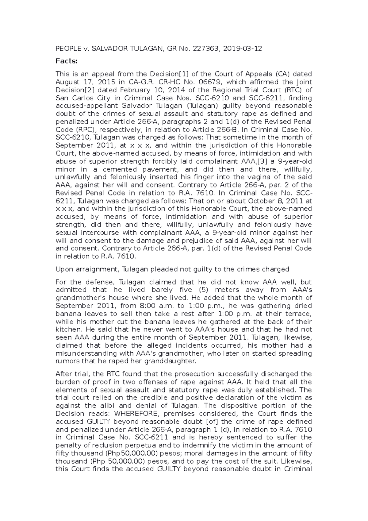 Tulugan CASE - Case - PEOPLE v. SALVADOR TULAGAN, GR No. 227363, 2019 ...