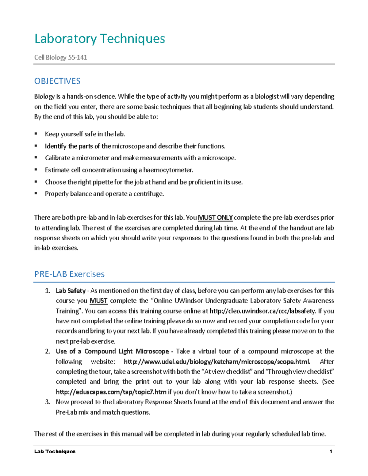 Lab 1 - Laboratory Techniques - Laboratory Techniques Cell Biology 55 ...