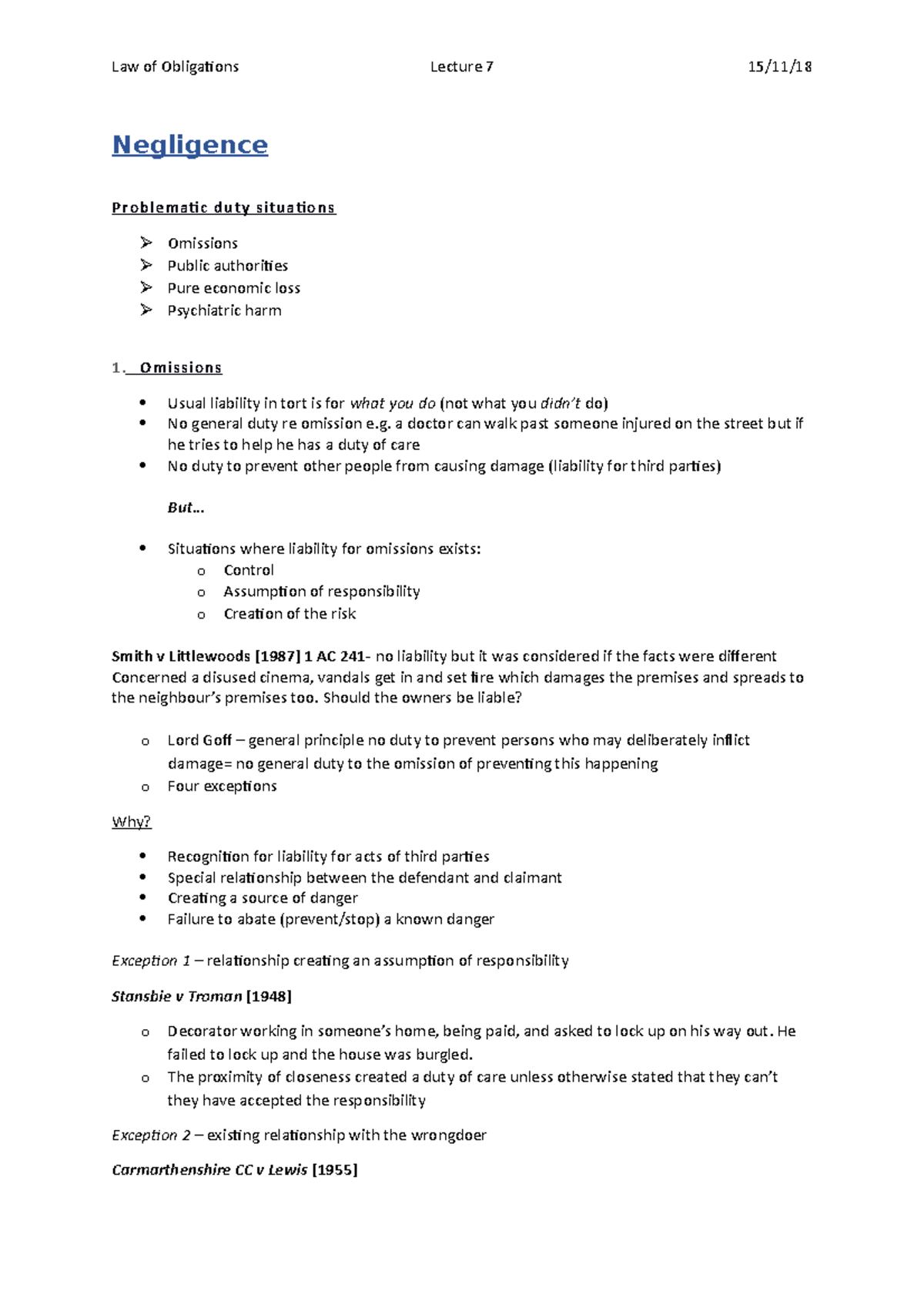 Negligence L7 - Lecture notes 7 - Negligence Problematic duty ...