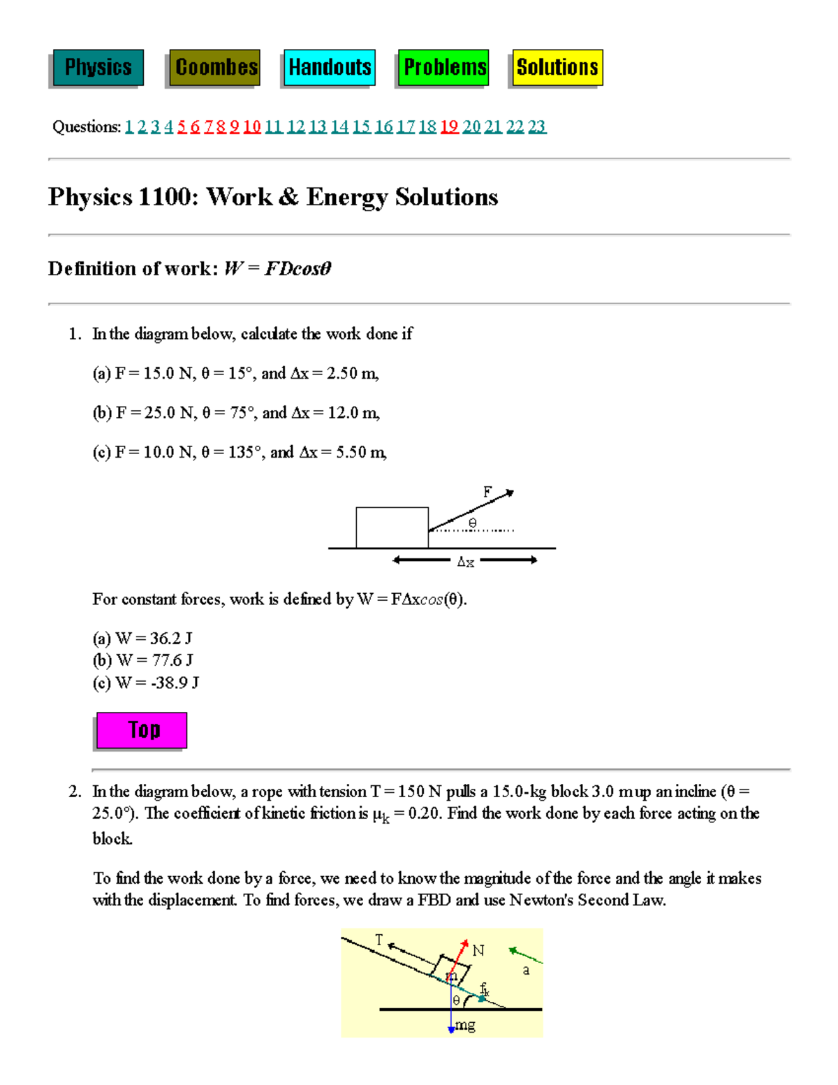 Physics 1100 Work & Energy Solutions - Questions ...