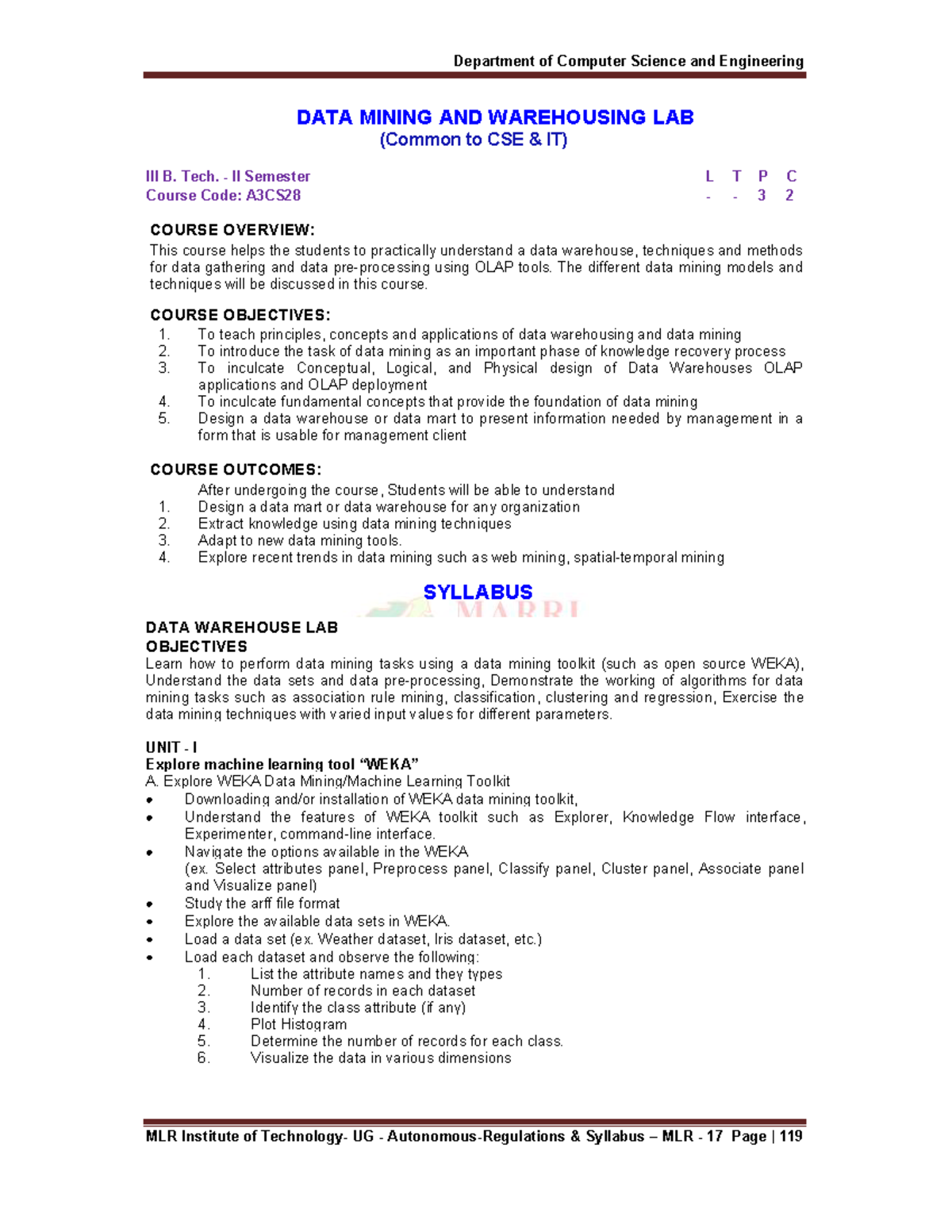 DATA Mining AND Warehousing LAB - DATA MINING AND WAREHOUSING LAB ...