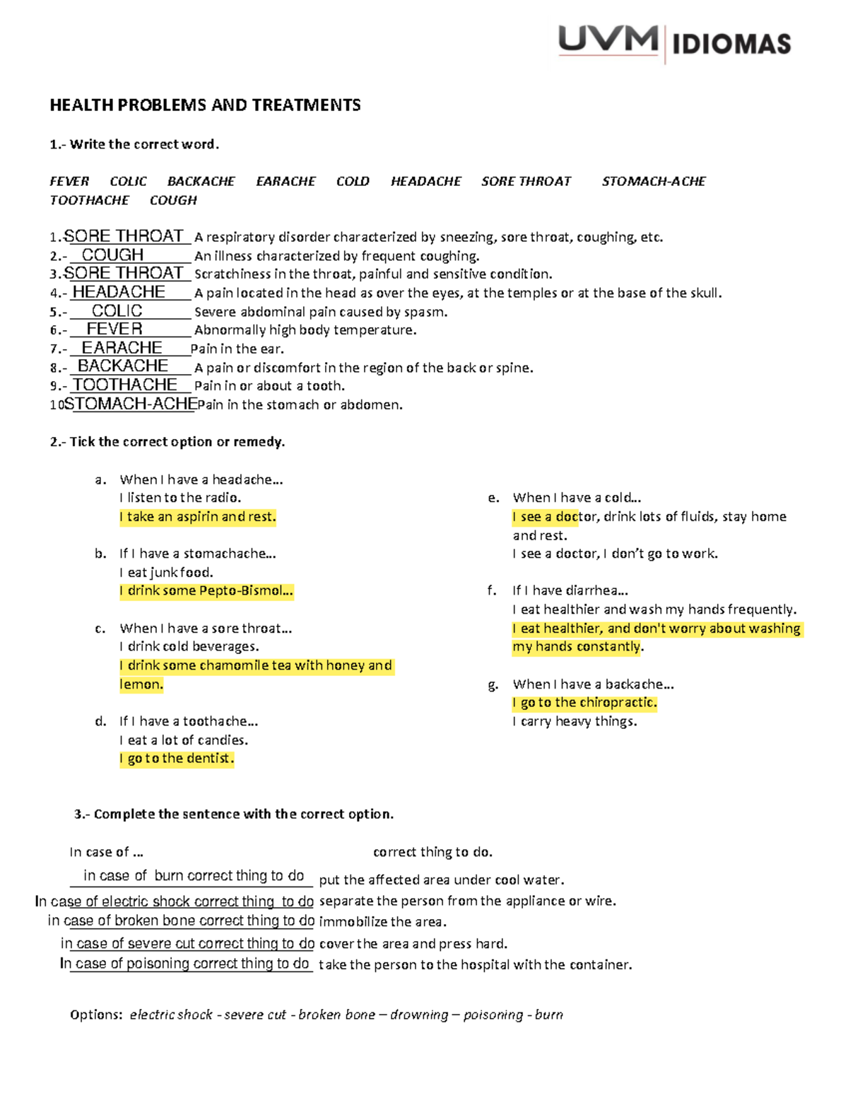 Level 2 - Unit 3 Worksheet 1 actividad de clase - HEALTH PROBLEMS AND ...