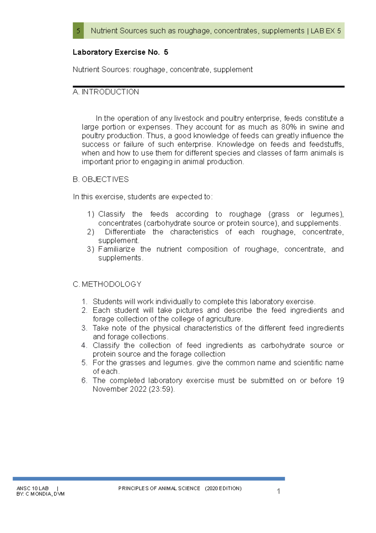 Lab Exercise 5 ANSC 10 Nutrient Sources such as roughage, concentrates ...