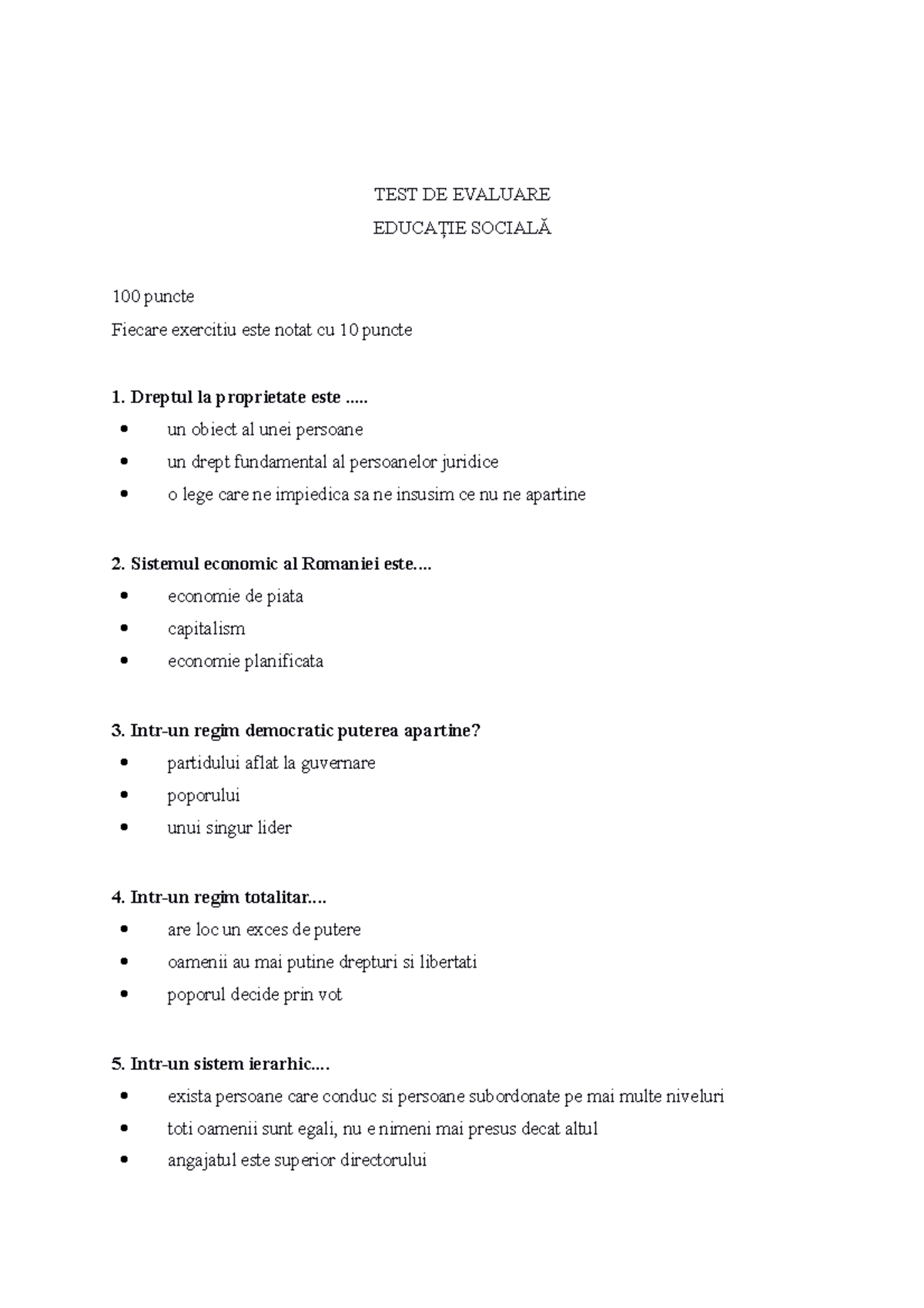 Teste evaluare educatie sociala - TEST DE EVALUARE EDUCAȚIE SOCIALĂ 100 ...