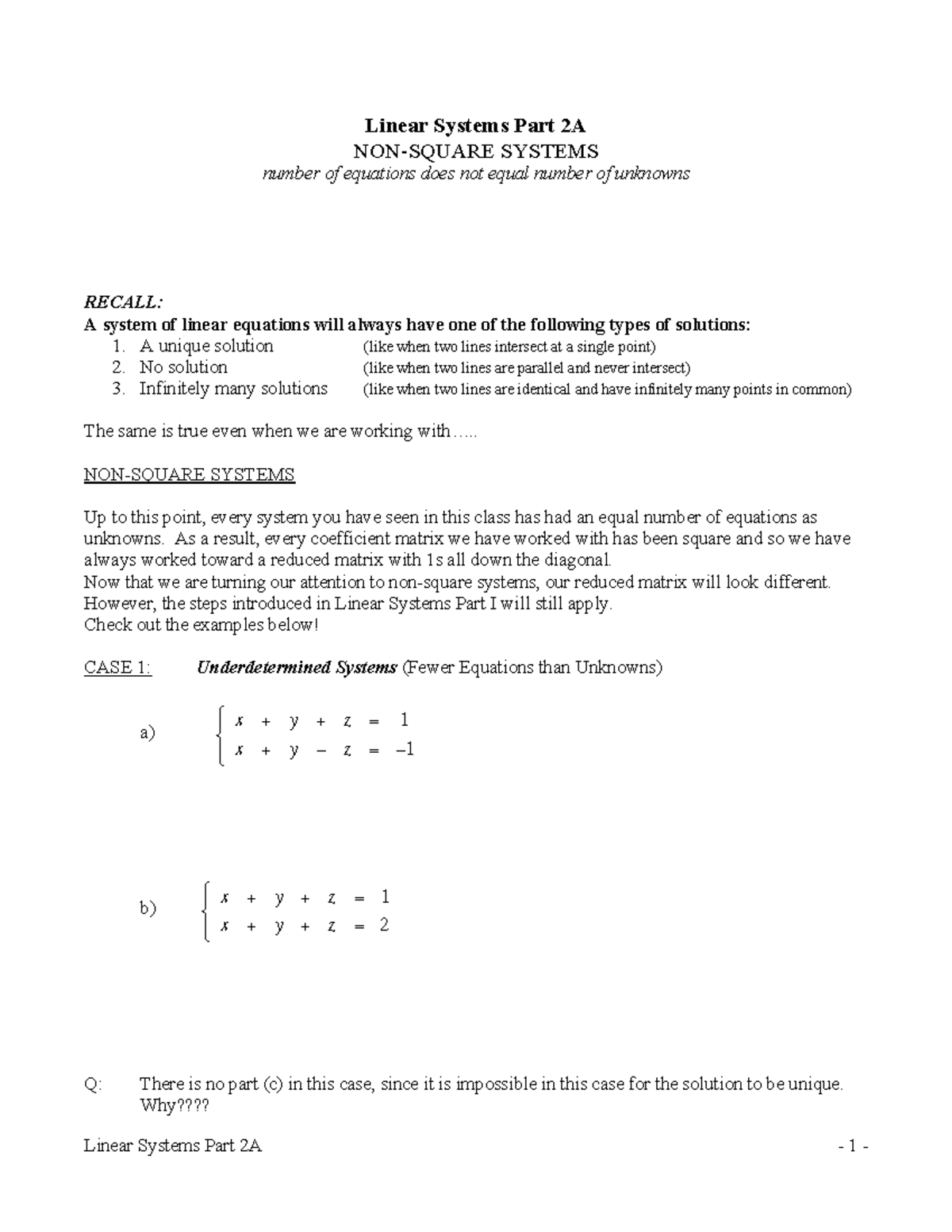 3 Linear Systems 2A - Linear Systems Part 2A NON-SQUARE SYSTEMS number ...