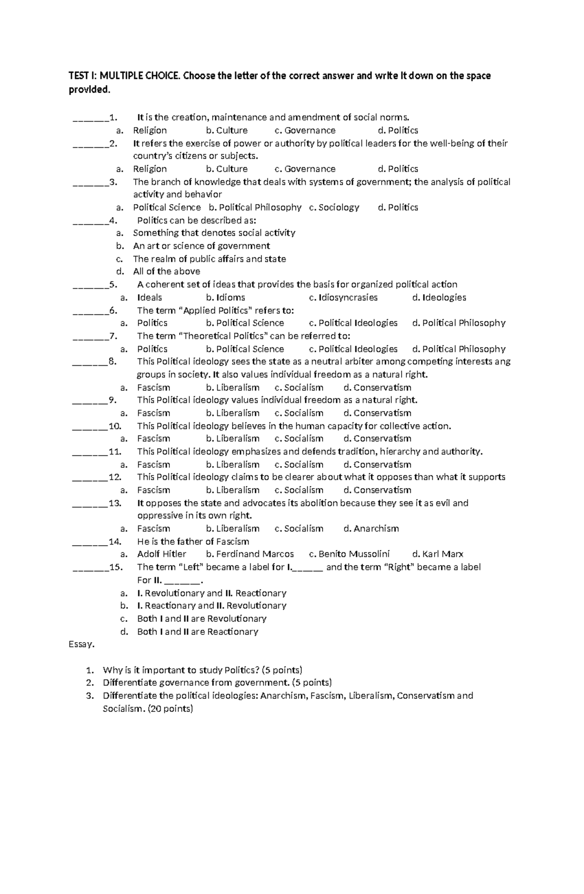 Ph GOVERNANCE AND POLITICS - TEST I: MULTIPLE CHOICE. Choose the letter ...