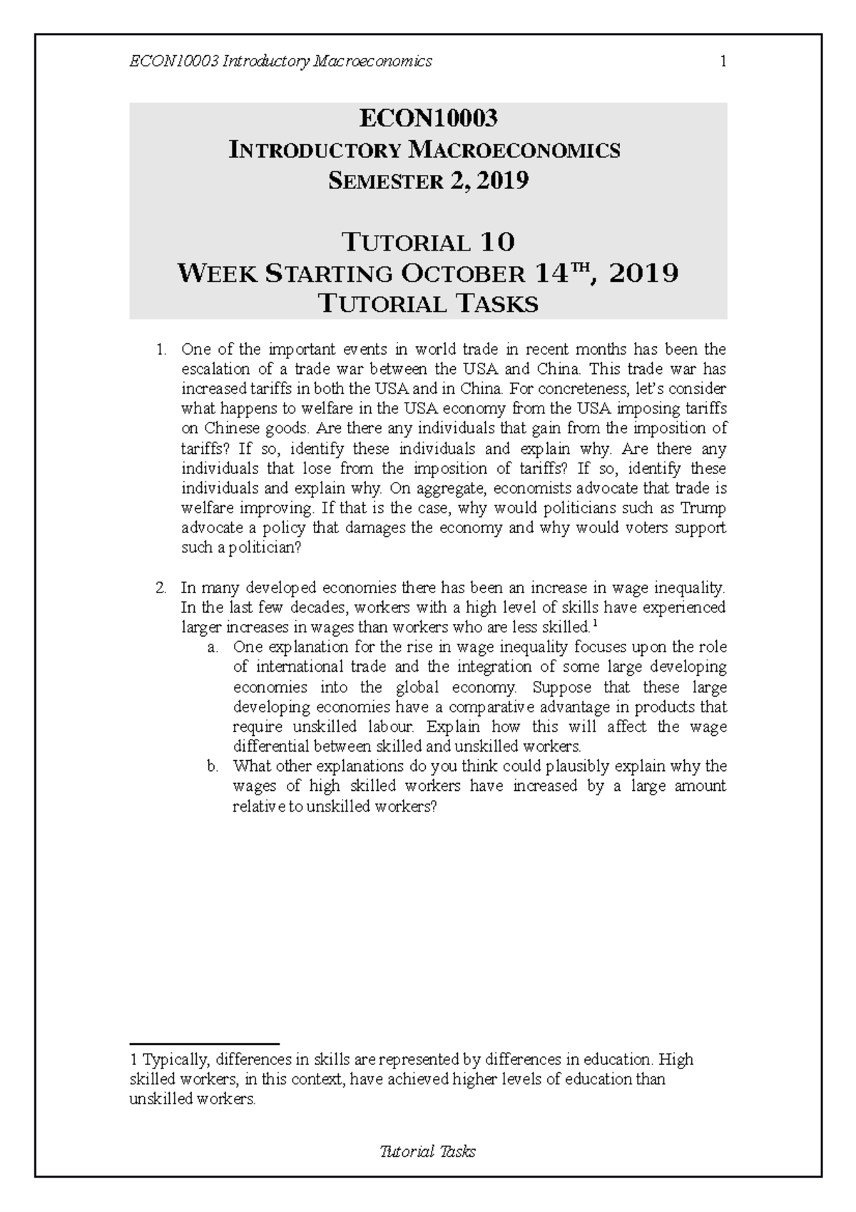 T10 Intutorial 2019 - pre tutorial work - ECON10003 Introductory Macroeconomics ECON ...