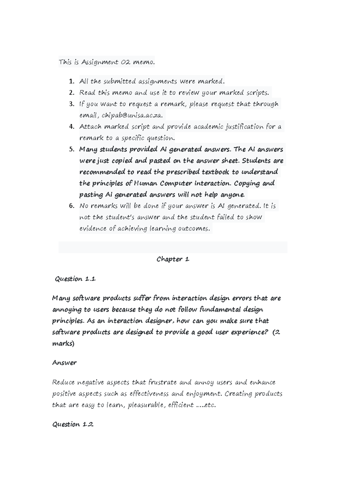 Memo Assignment 2 This Is Assignment 02 Memo 1 All The Submitted Assignments Were Marked 2